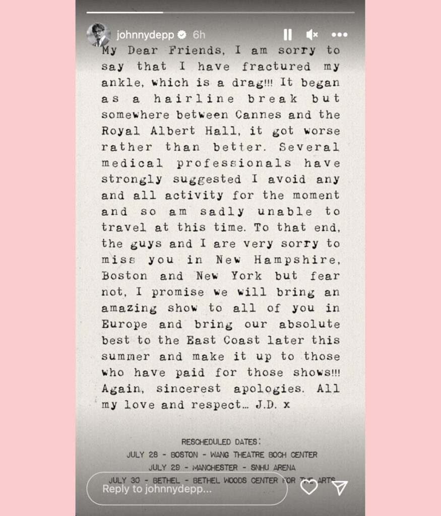 Johnny Depp Cancels Series Of Shows After Fracturing Ankle During ...