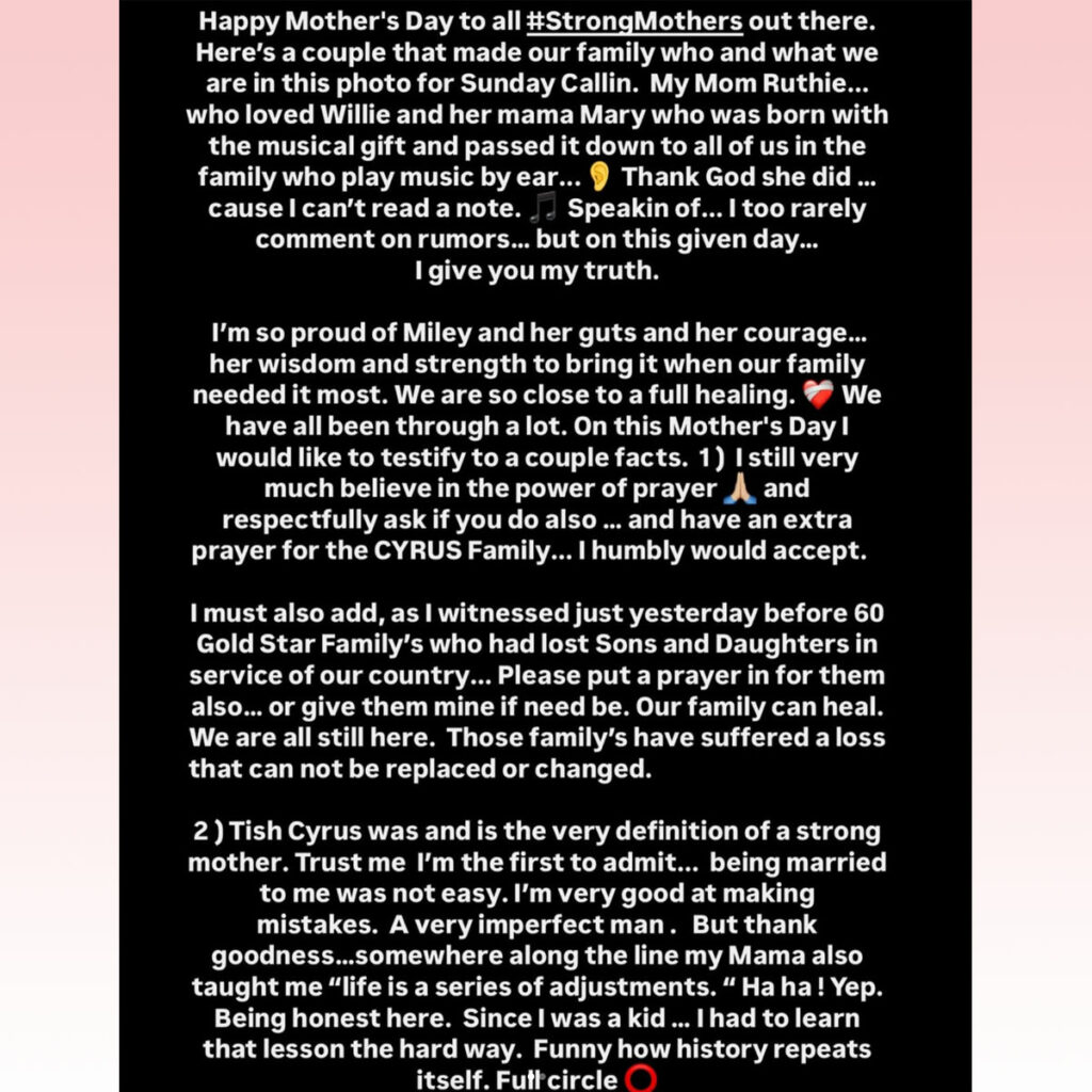 Billy Ray Cyrus Praises Ex-Wife Tish In Mother’s Day Tribute After ...